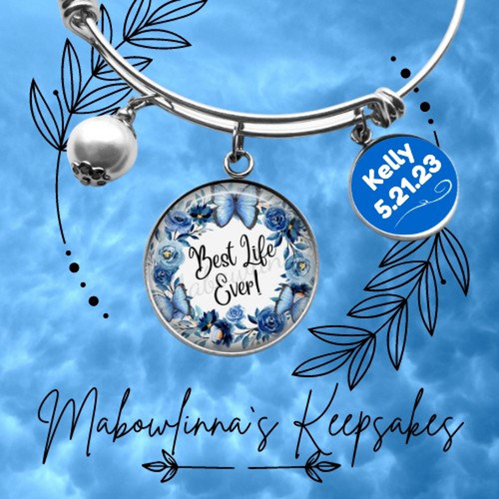 Jw "best Life Ever" Baptism Charm Bracelet Blue Floral Butterflies With ...