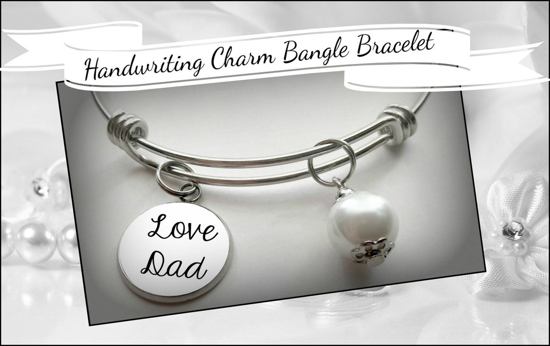 Custom Signature Handwriting Pearl Charm Bangle Bracelets Stainless ...