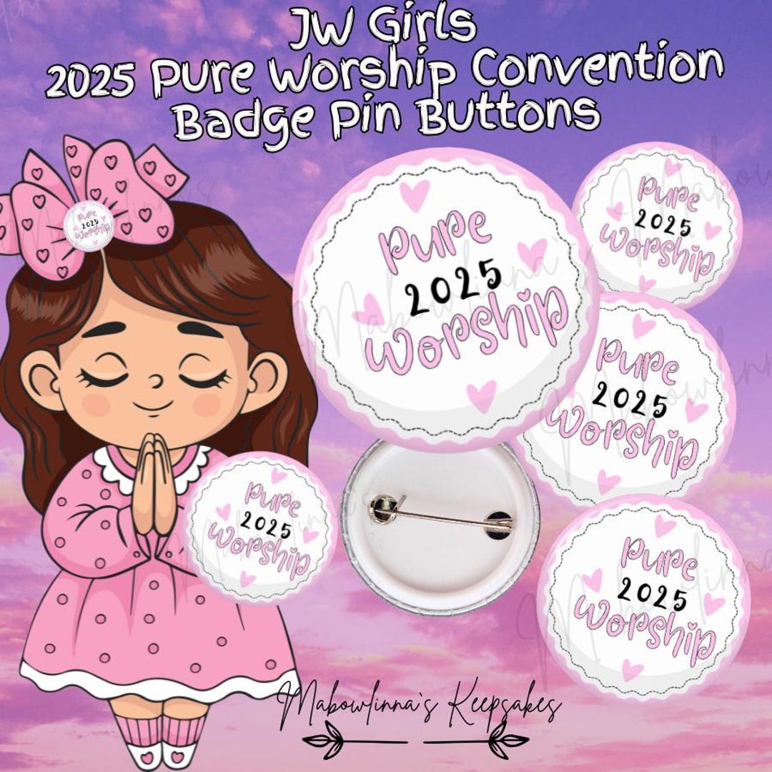 JW Girls 2025 Pure Worship Badge Buttons Pink & White Hearts Pins for ...