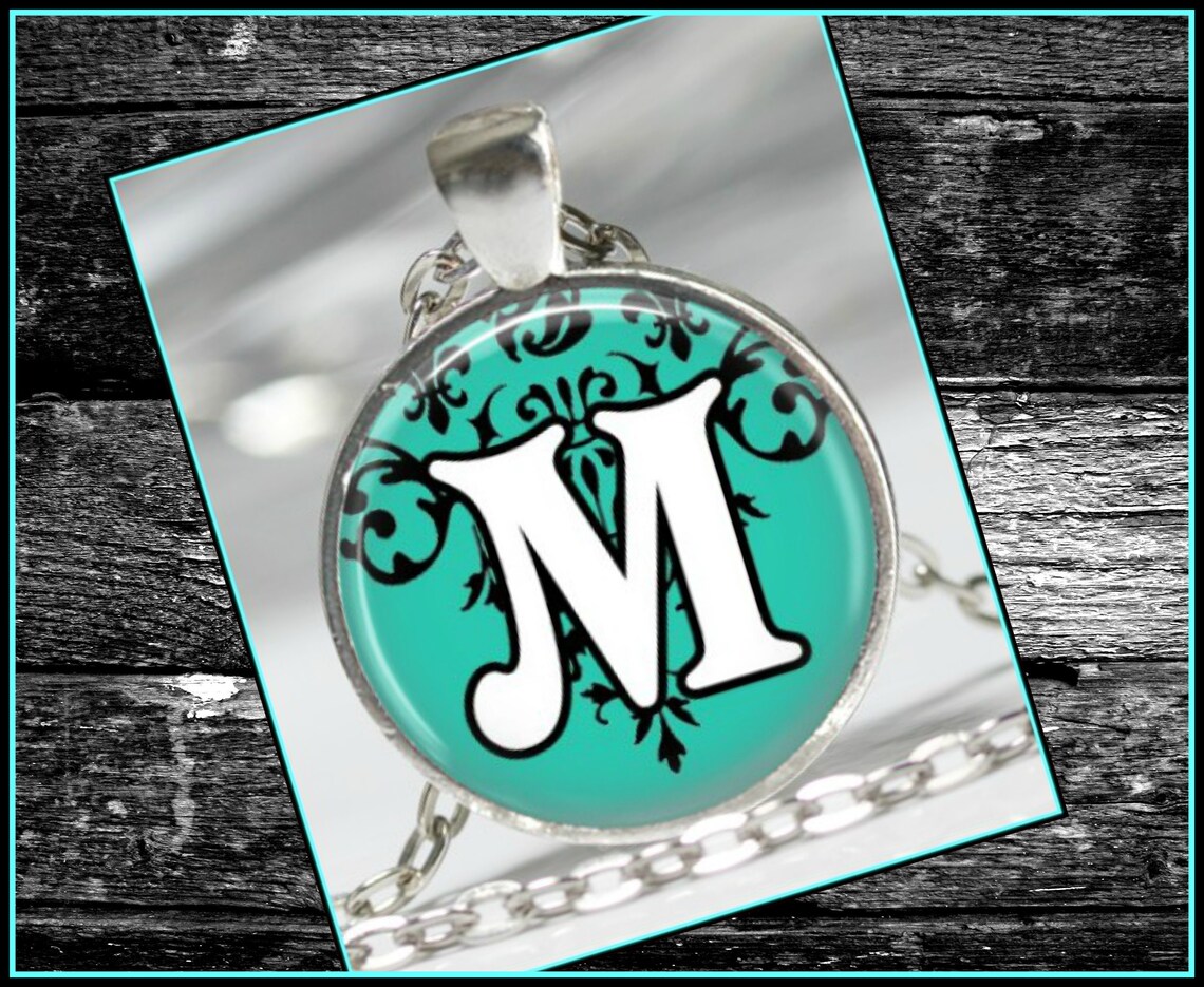 Custom Initial Necklace Turquoise Black Floral Monogram Alpha - Etsy