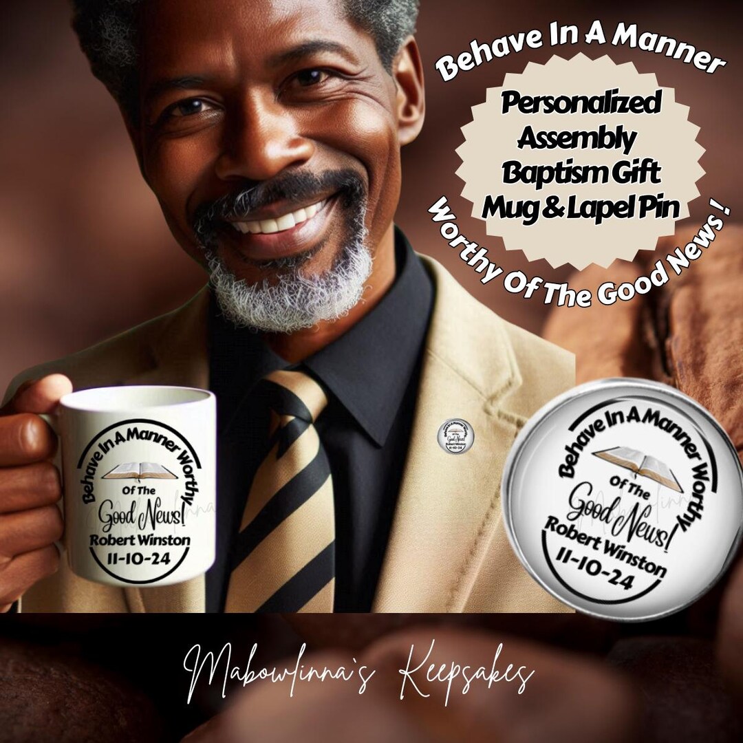 JW Assembly Baptism Mug & Matching Lapel Pin Gift Bundle - "behave in A ...