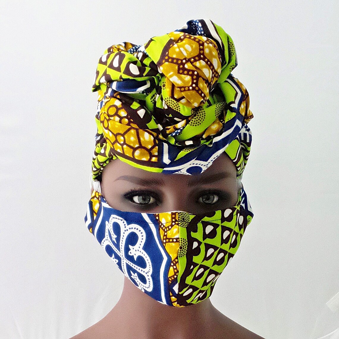 African Wax Print Headwrap and Face Mask Set Green and Blue | Etsy