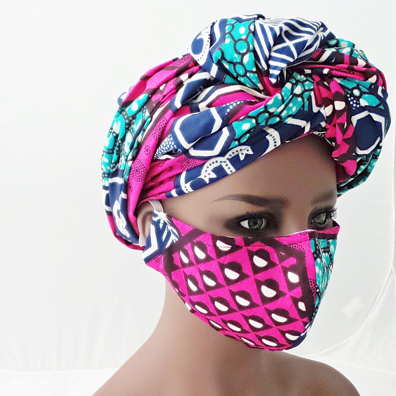 African Print Headwrap and Face Mask Set Magenta Pink and | Etsy