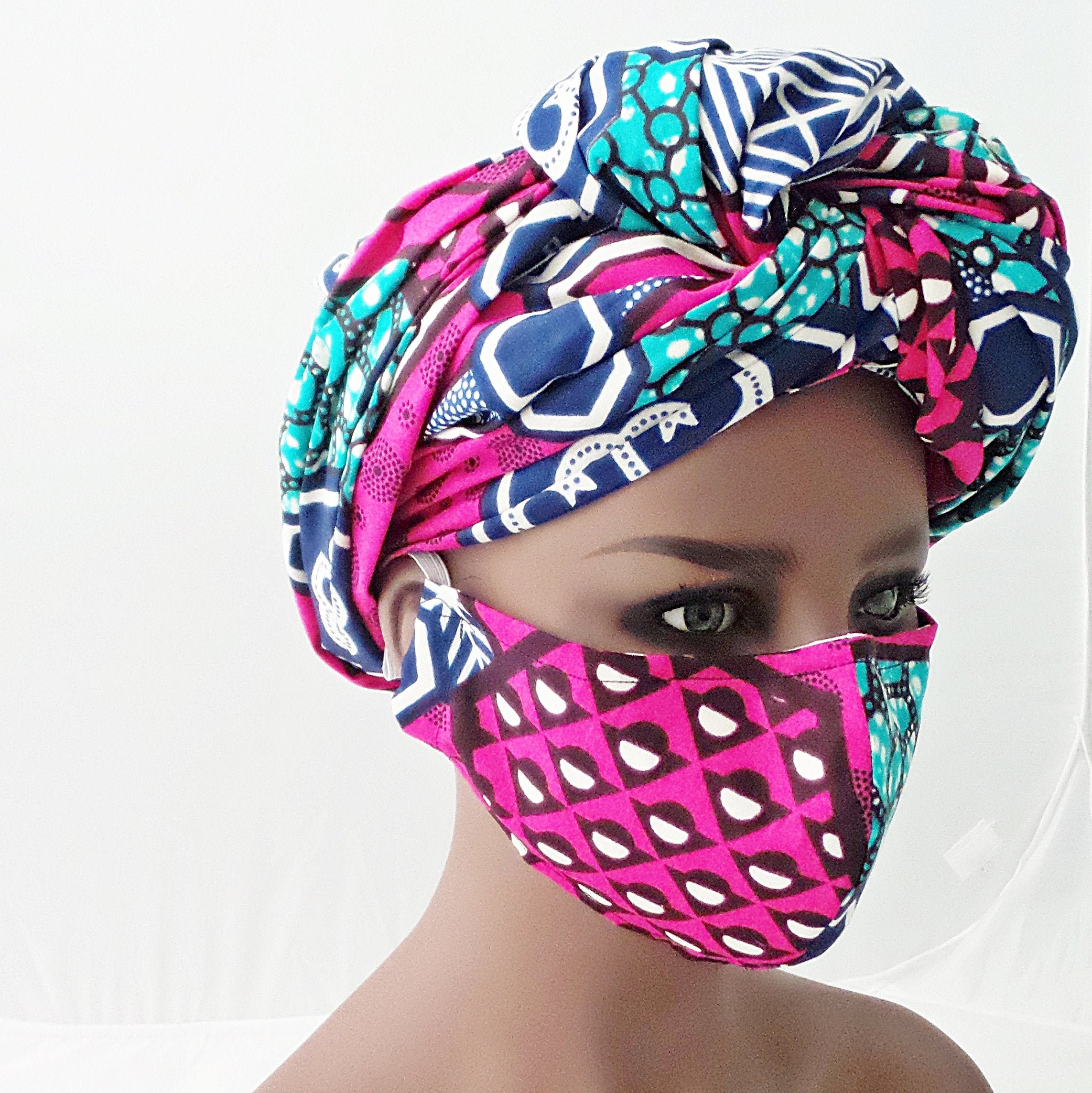 African Print Headwrap and Face Mask Set Magenta Pink and | Etsy