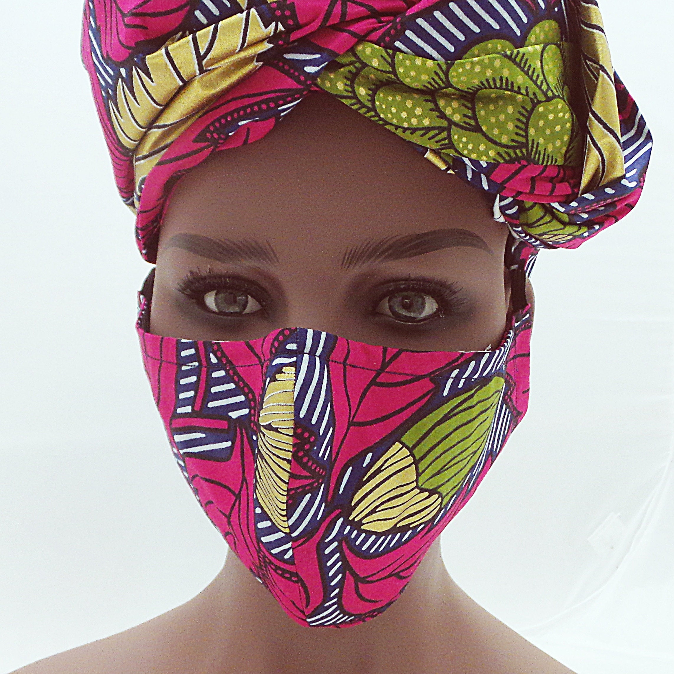 Ankara Head Wrap and Face Mask Set 100% Cotton African Wax | Etsy