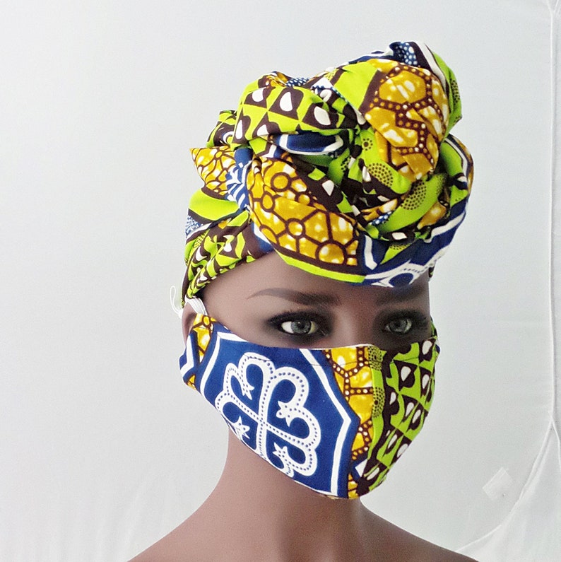 African Wax Print Headwrap and Face Mask Set Green and Blue - Etsy