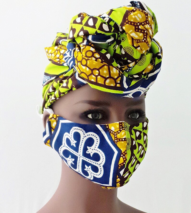 African Wax Print Headwrap and Face Mask Set Green and Blue | Etsy