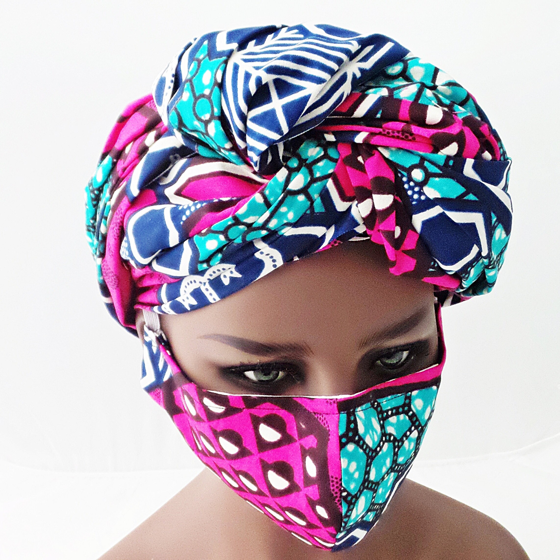 African Print Headwrap and Face Mask Set Magenta Pink and | Etsy