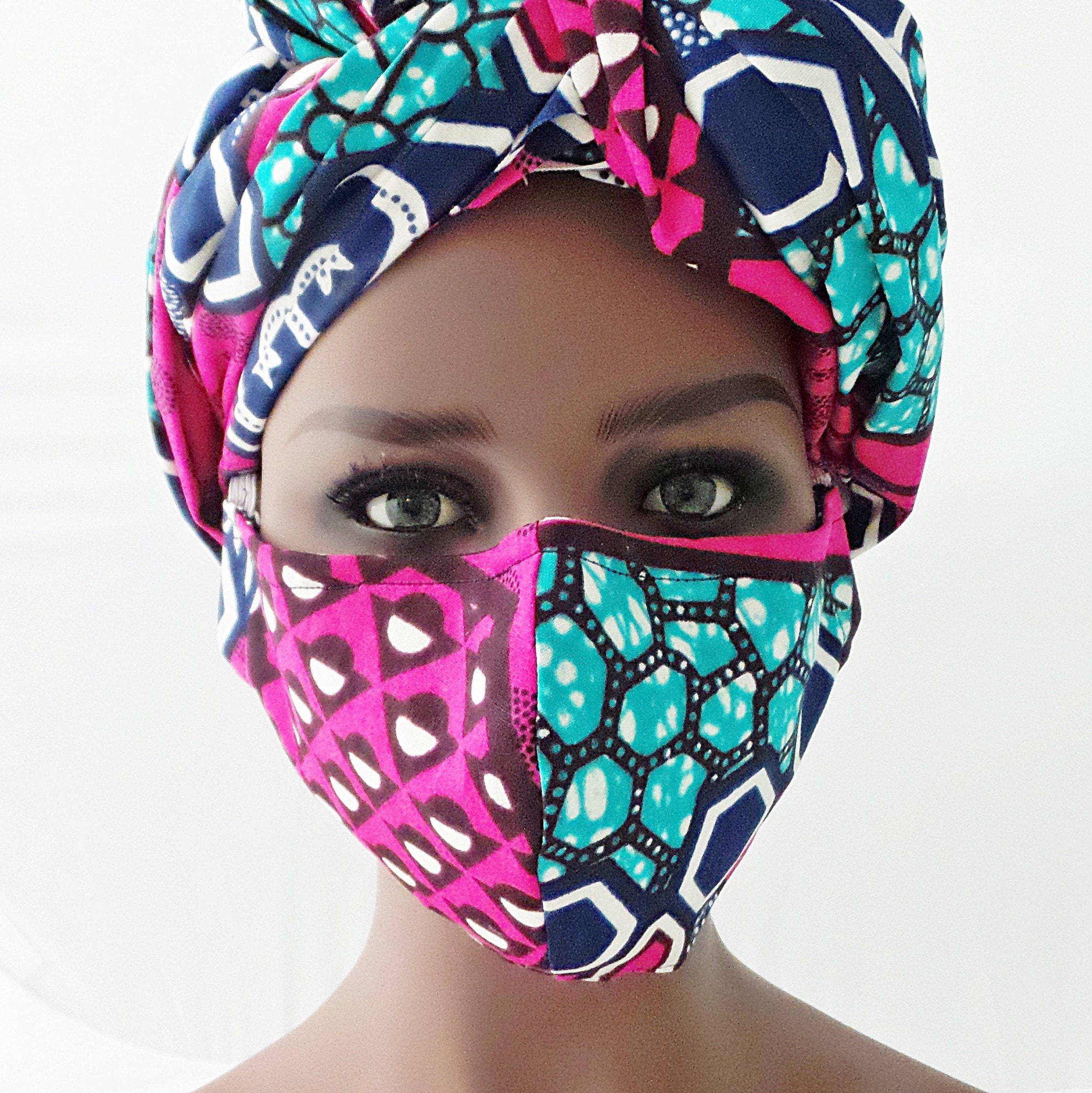 African Print Headwrap and Face Mask Set Magenta Pink and | Etsy