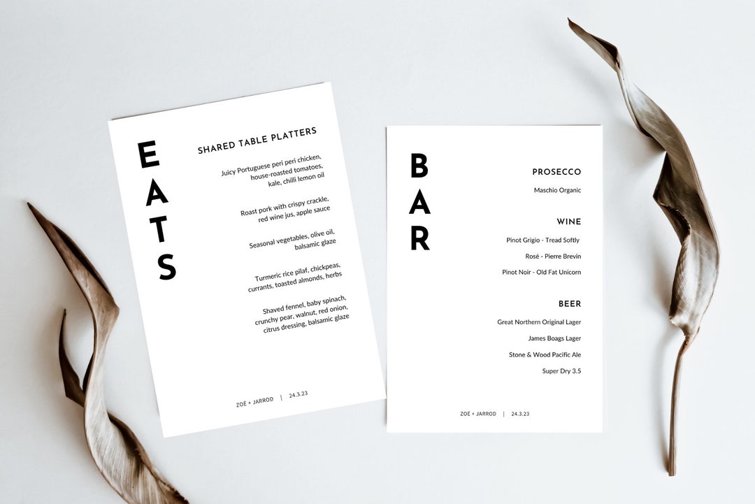 Minimalist Wedding Menus Table Numbers Canva Template Modern Wedding ...