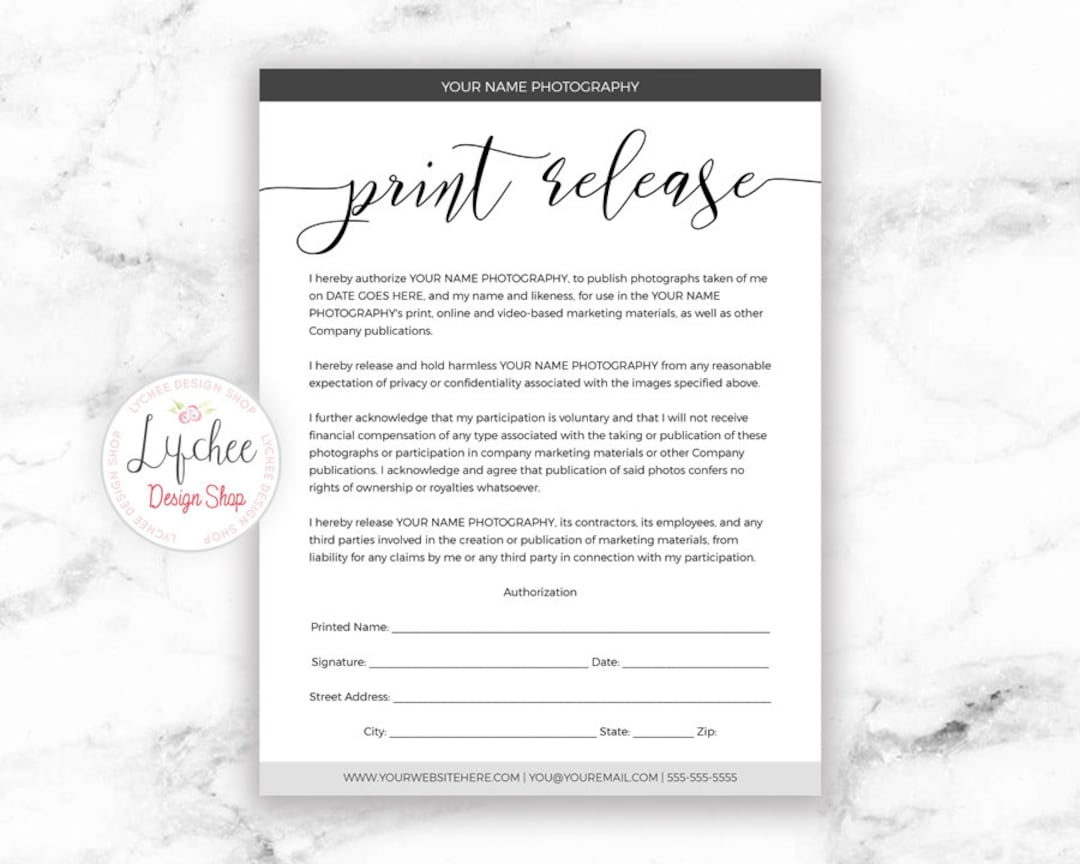Photo Print Release Template Script Font 8.5x11 | Printable Photography ...