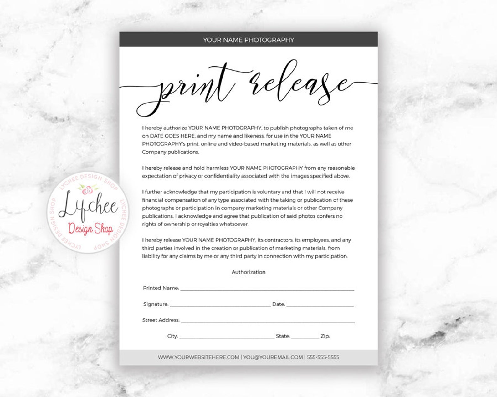 Photo Print Release Template Script Font 8.5x11 | Printable Photography ...