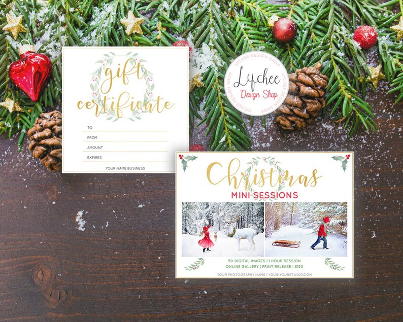 Watercolor Wreath Gold Foil Christmas Mini Session Gift Certificate ...