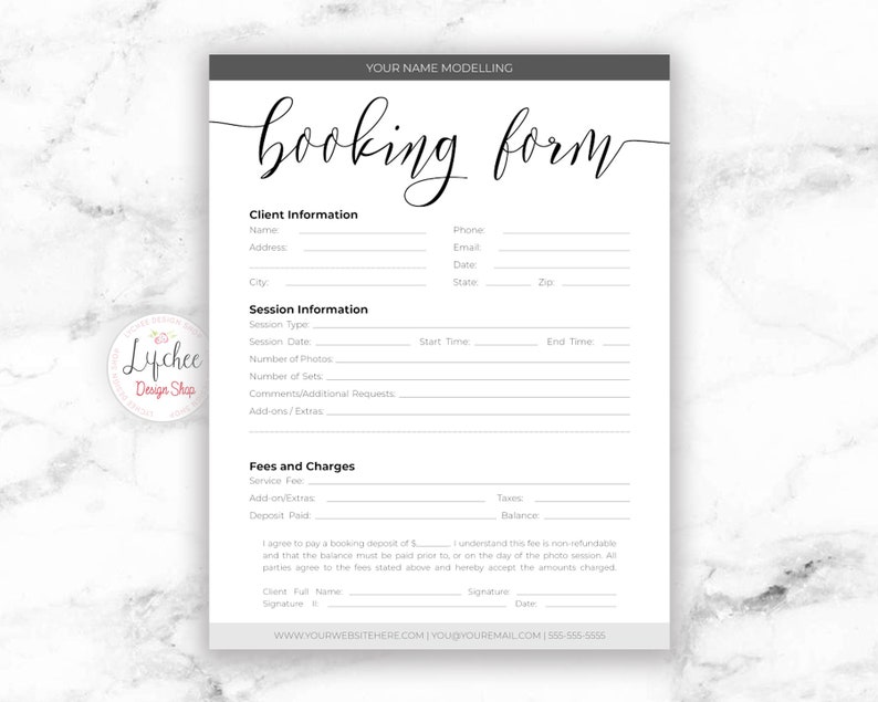 Client Booking Form Template for Models | Script Font 8.5x11 ...