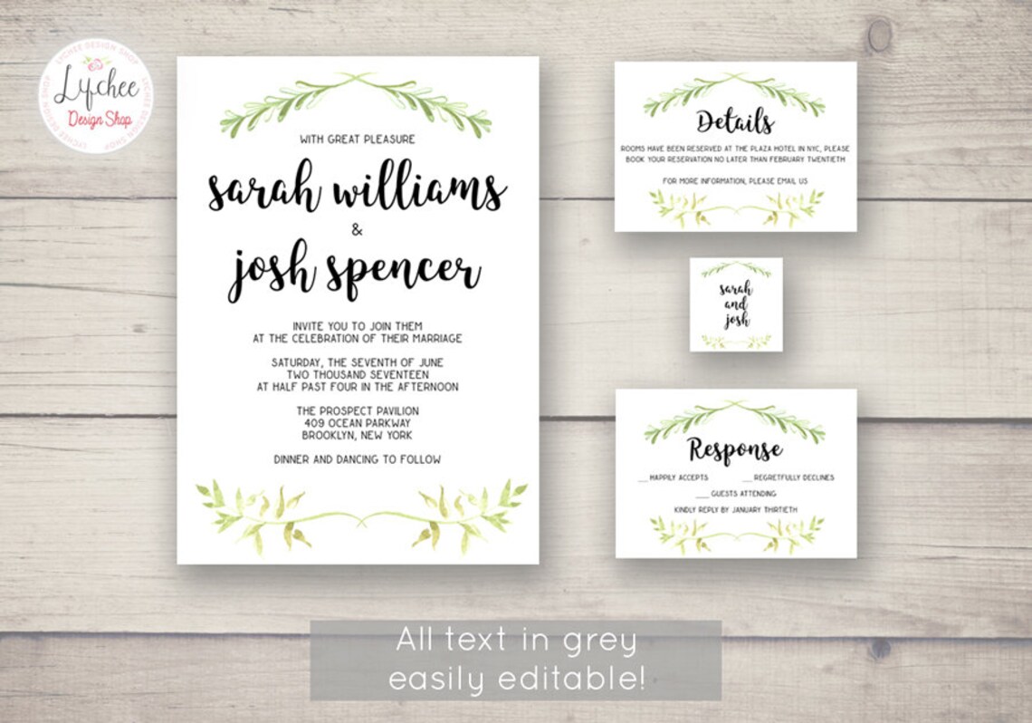 Printable Wedding Invitation Card Template Set | Editable Watercolor ...