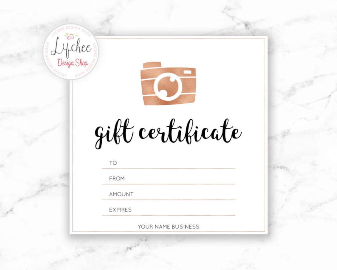 Printable Rose Gold Camera Gift Certificate Template | Editable ...