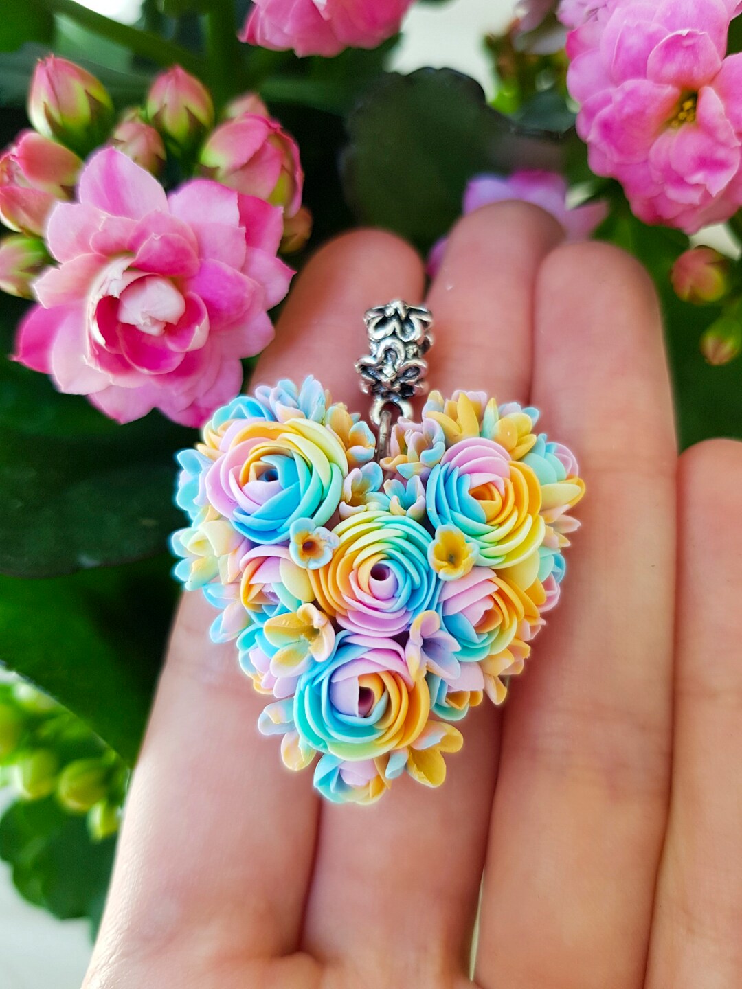 Rainbow Rose Heart Pendant, Rainbow Flowers Necklace, Heart Shape, Gift ...