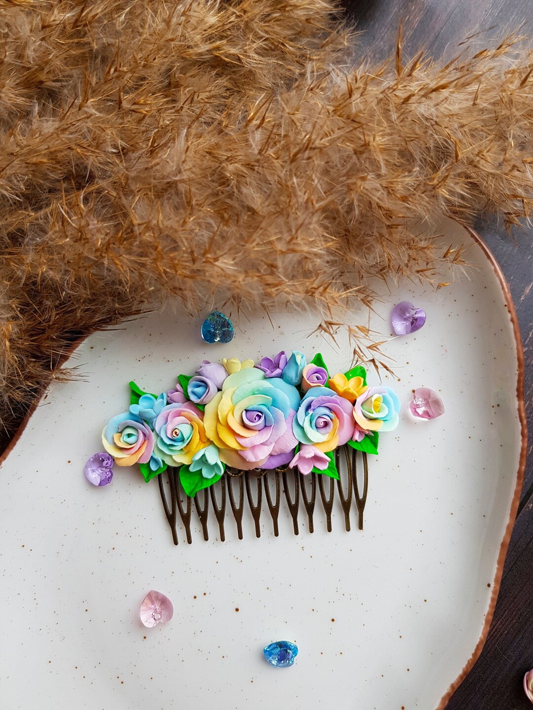 Rainbow Rose Hair Comb, Floral Hair Decorative Comb, Polymer Clay Hair ...