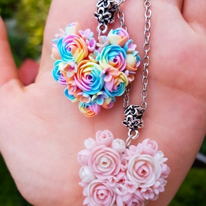 Rainbow Rose Heart Pendant, Rainbow Flowers Necklace, Heart Shape, Gift ...
