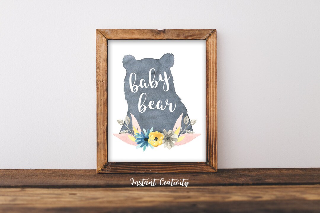 Bear Woodland Decoration, Name Art, Watercolor Floral Printable, Wall ...