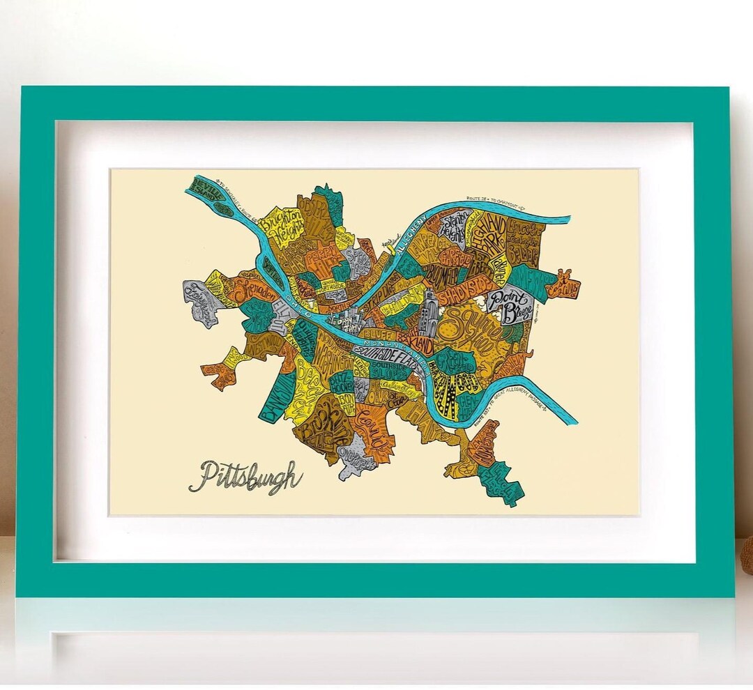 Large Pittsburgh Neighborhoods City Map – Hand-lettered Wall Art Print ...