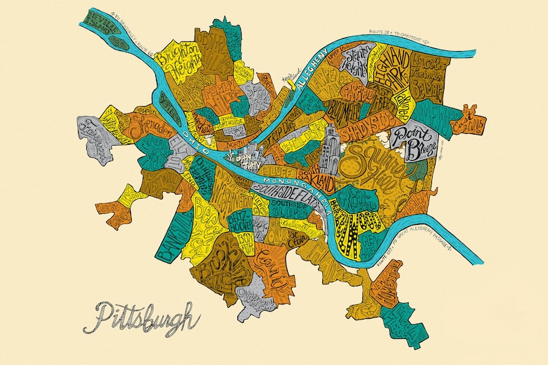 Pittsburgh Pennsylvania Neighborhood Typography City Map Print by ...