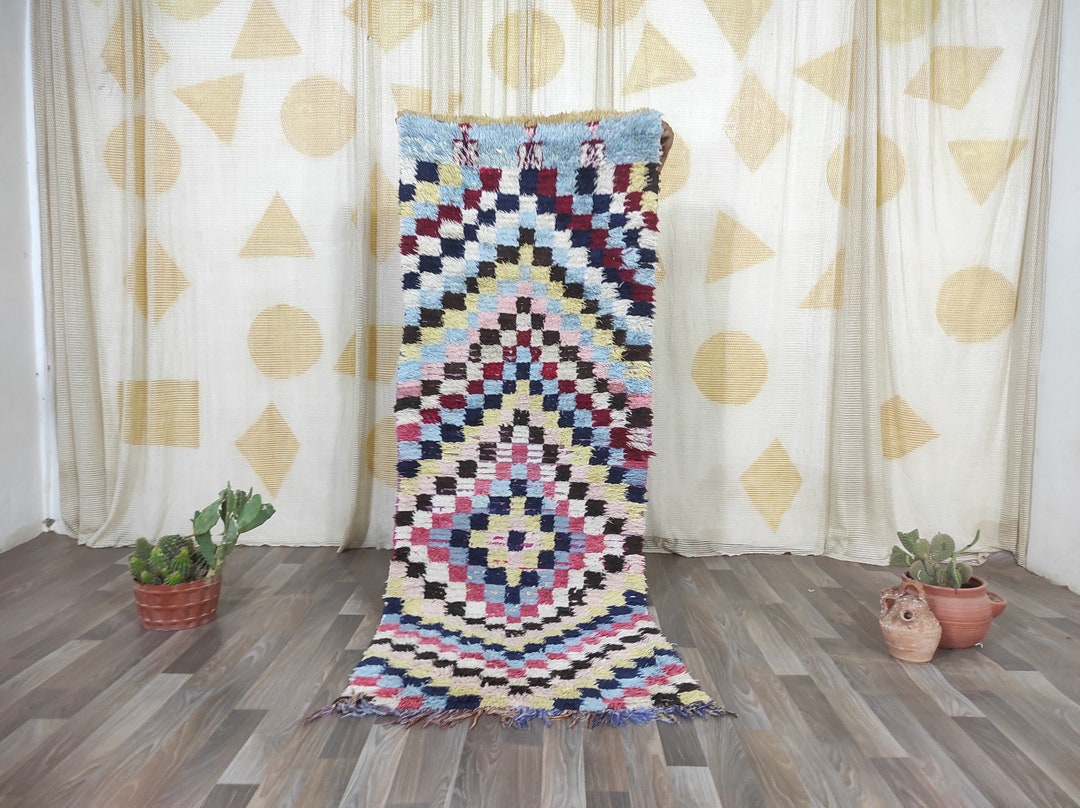 Checkered Hallway Rug, Gorgeous Berber Rug Runner, Vintage Hand Knotted ...