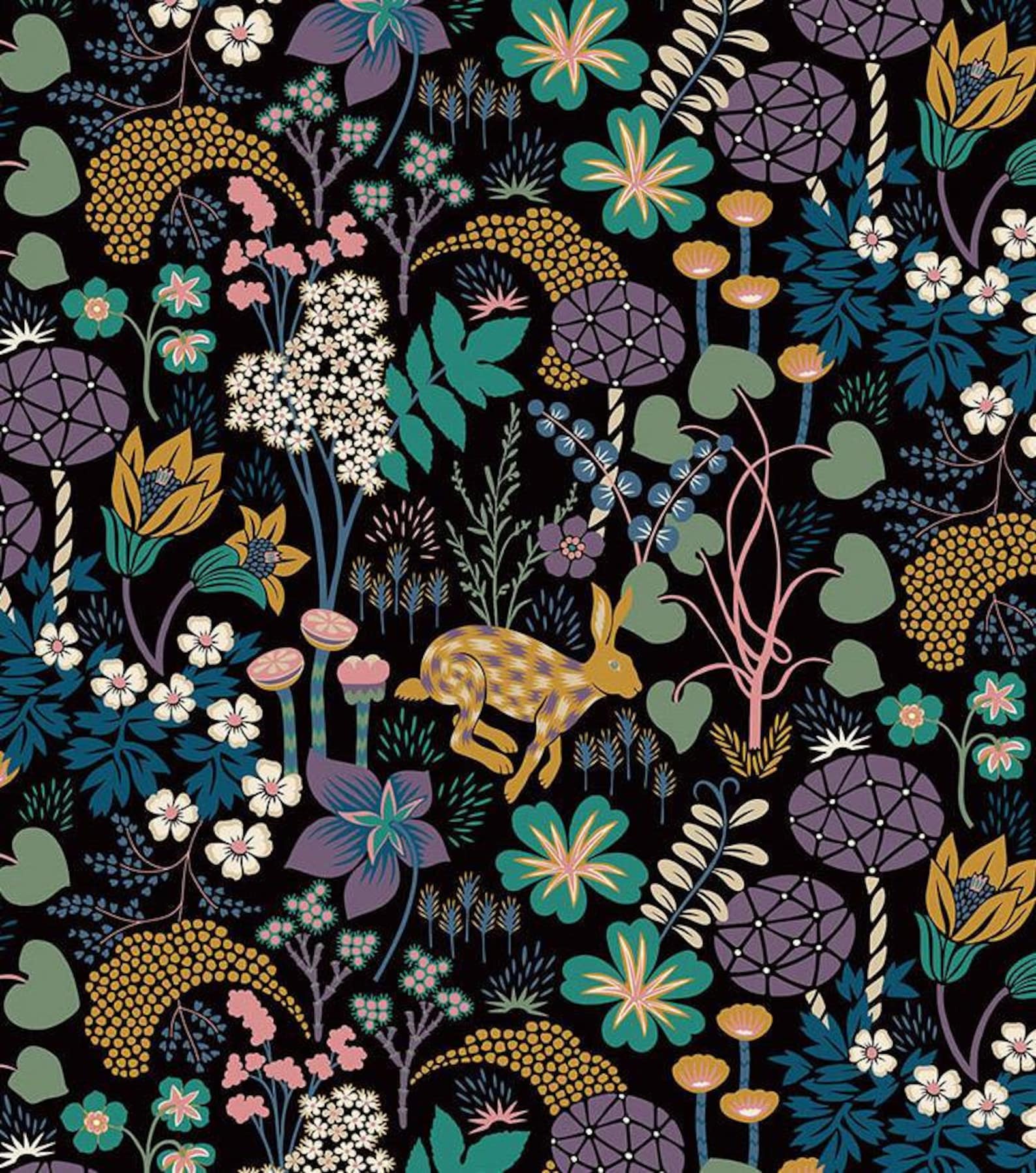 Flower Meadow & Rabbit Fabric Scandi Pattern, by the Half Meter or ...