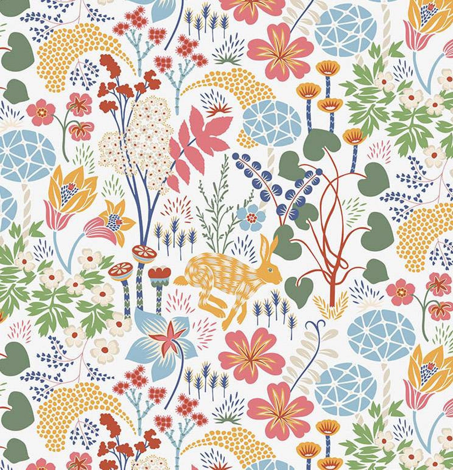 Rabbit and Flowers Fabric Scandi Pattern, by the Half Meter or Meter ...