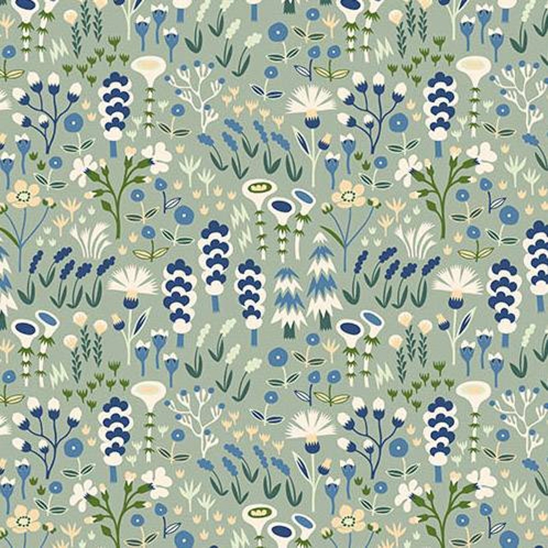 Green & Blue Flower Fabric Floral Tree Pattern, by the Half Meter or ...
