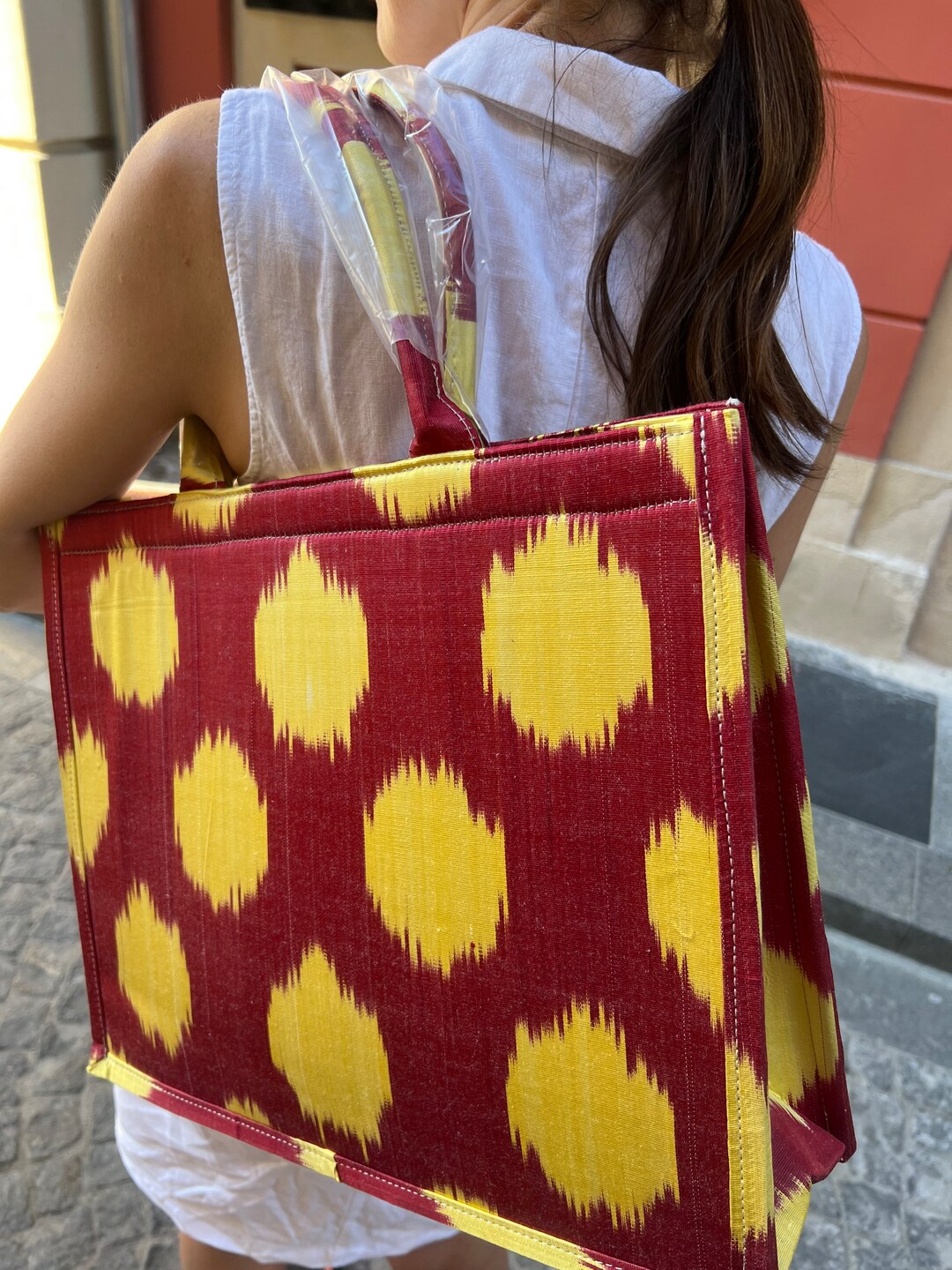Deep Red Summer Silk Tote Bag Light Ochre Money Dots Silk Ikat Book ...