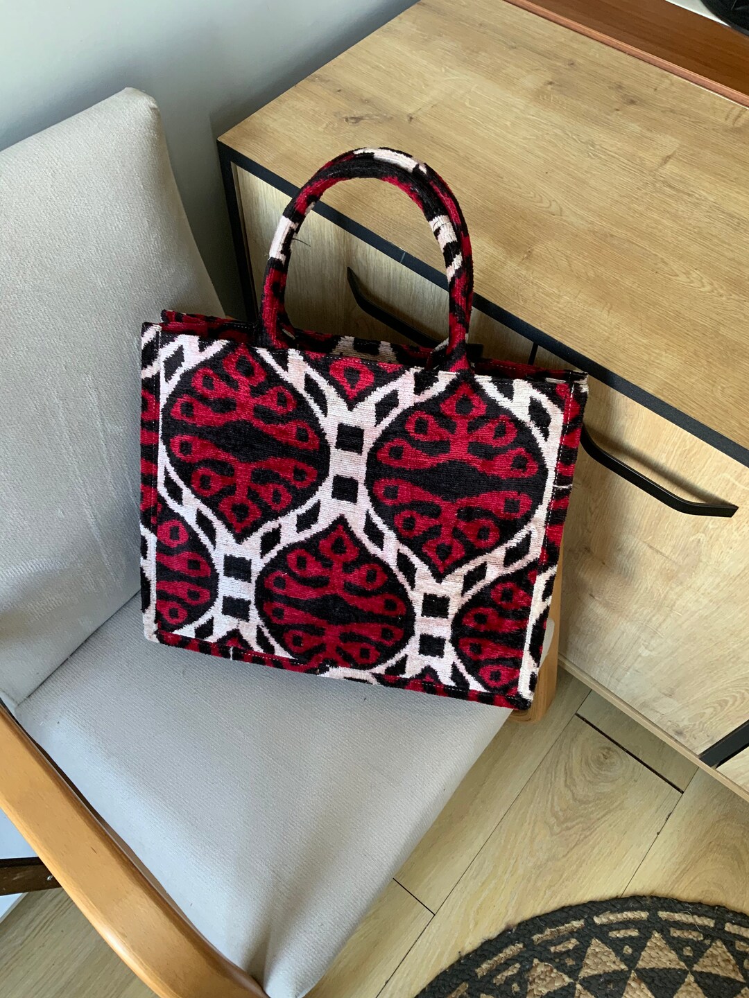 Dark Red Book Tote Bag With Velvet Handle - Ogee Jute Box Ikat Book ...