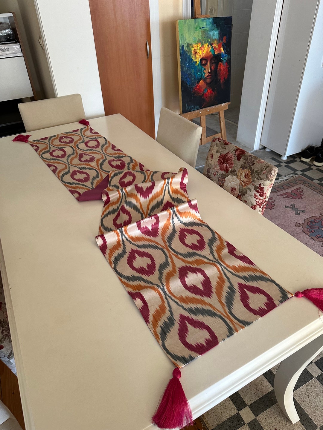 Handwoven Silk Ikat Table Runner: Orange Pink Ogee With Tassels - Etsy