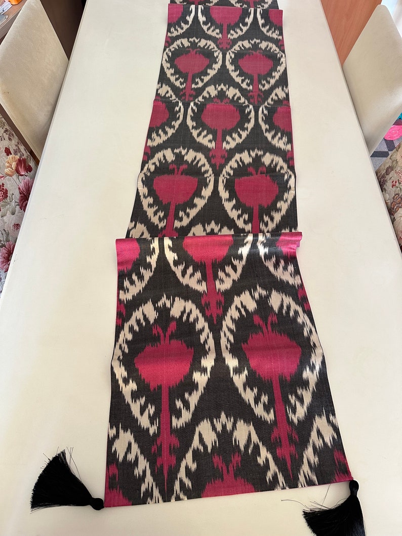 Silk Uzbek Ikat Table Decor | Table Runner With Black Tassel | Rustic ...