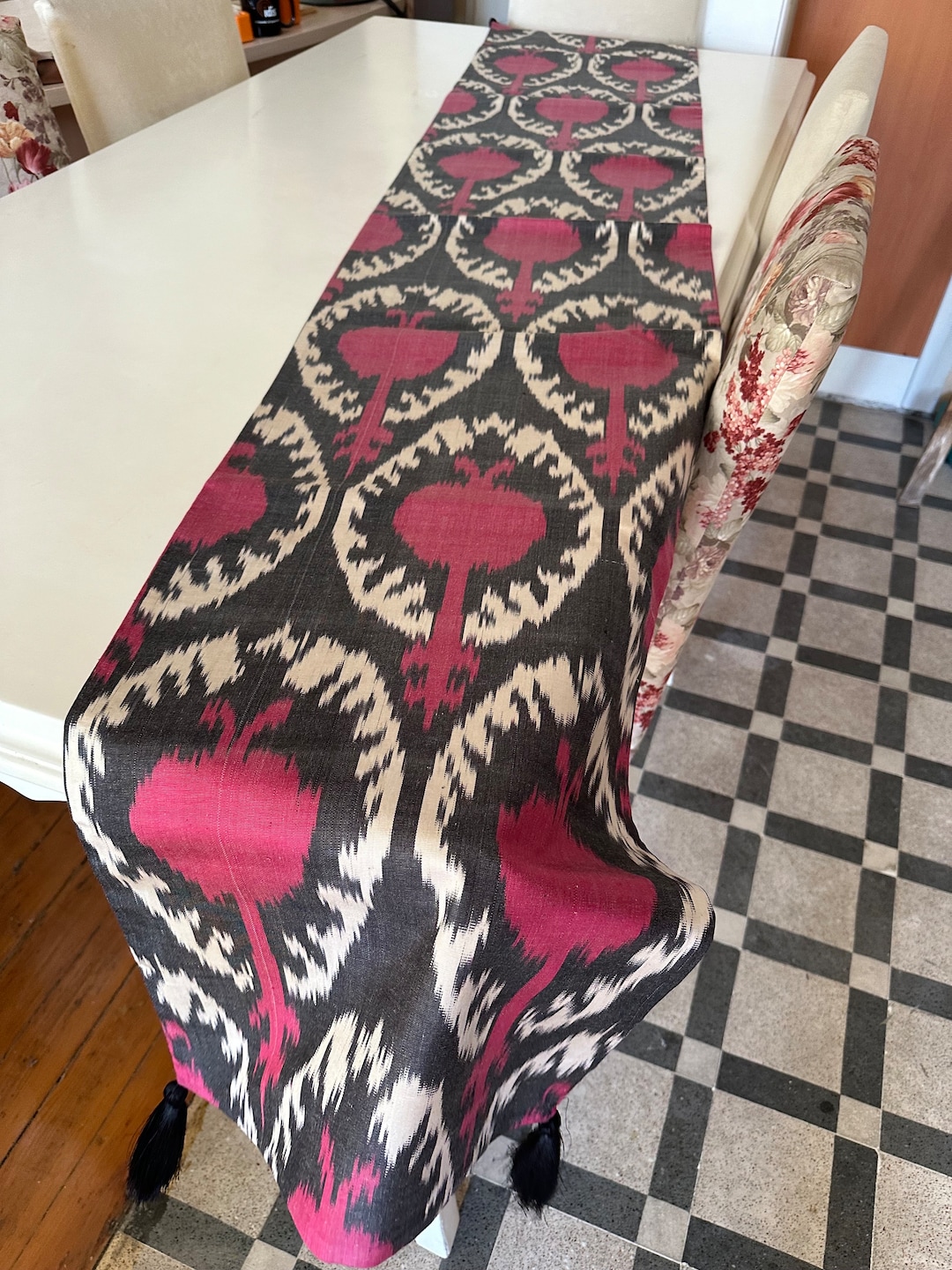 Silk Uzbek Ikat Table Decor | Table Runner With Black Tassel | Rustic Pomegranate Pattern - Etsy