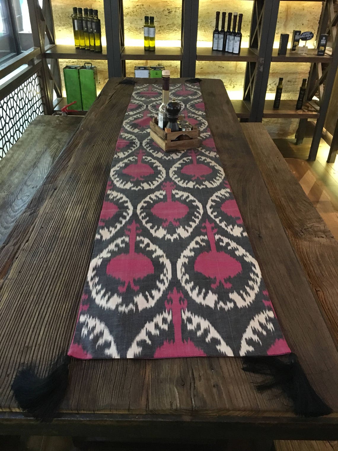 Silk Uzbek Ikat Table Decor | Table Runner With Black Tassel | Rustic ...