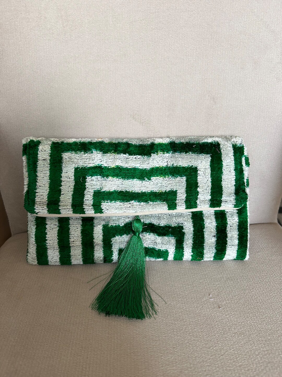 Green Greek Key White Velvet Clutch | Gift for Mom Ikat Evening Clutch ...