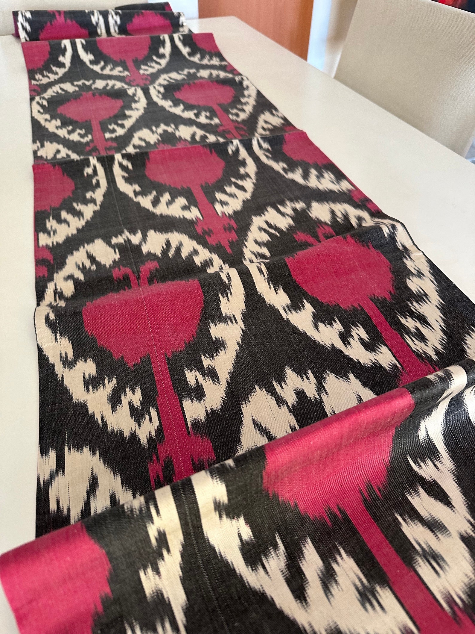 Silk Uzbek Ikat Table Decor | Table Runner With Black Tassel | Rustic ...
