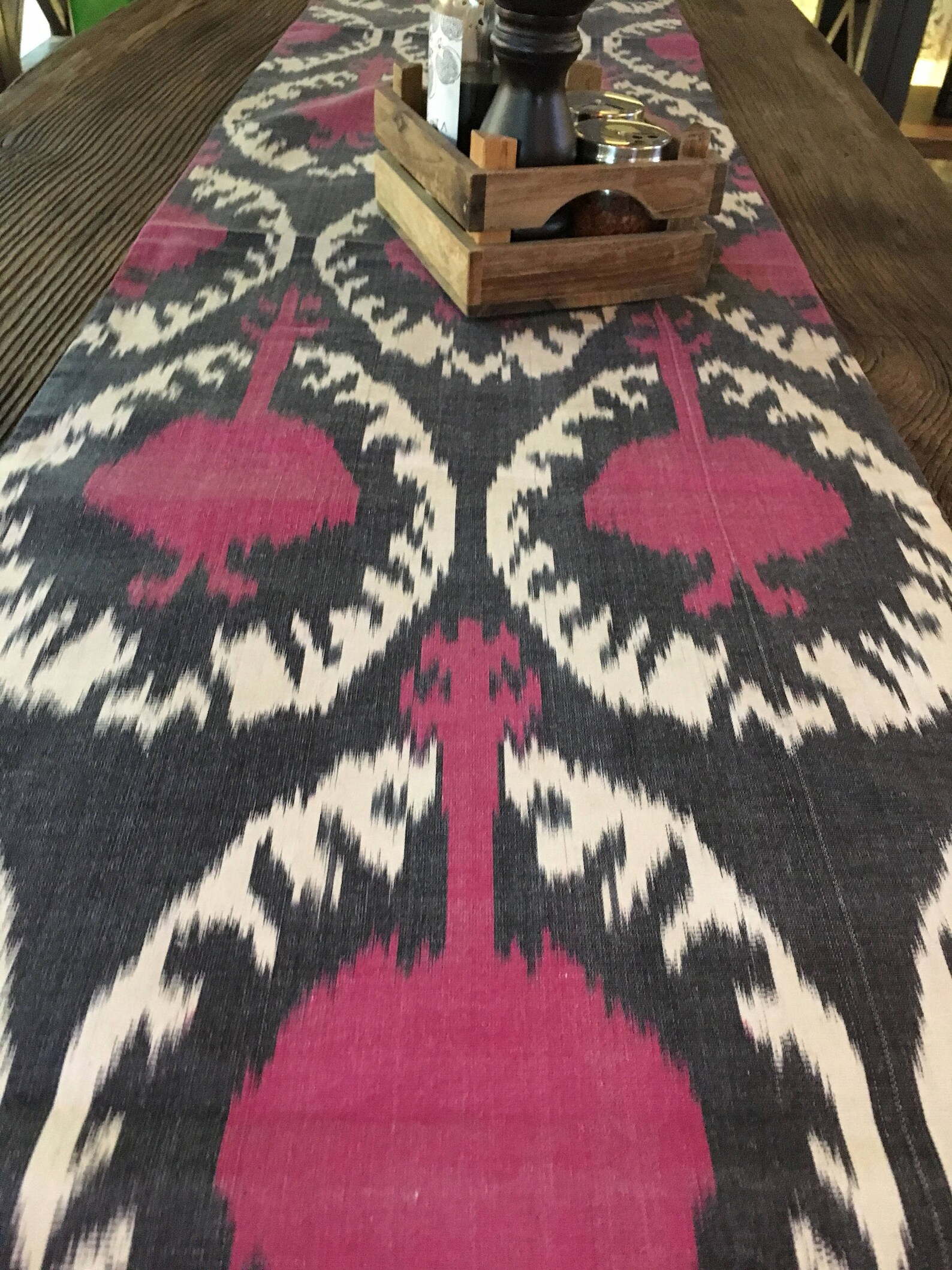 Silk Uzbek Ikat Table Decor | Table Runner With Black Tassel | Rustic ...