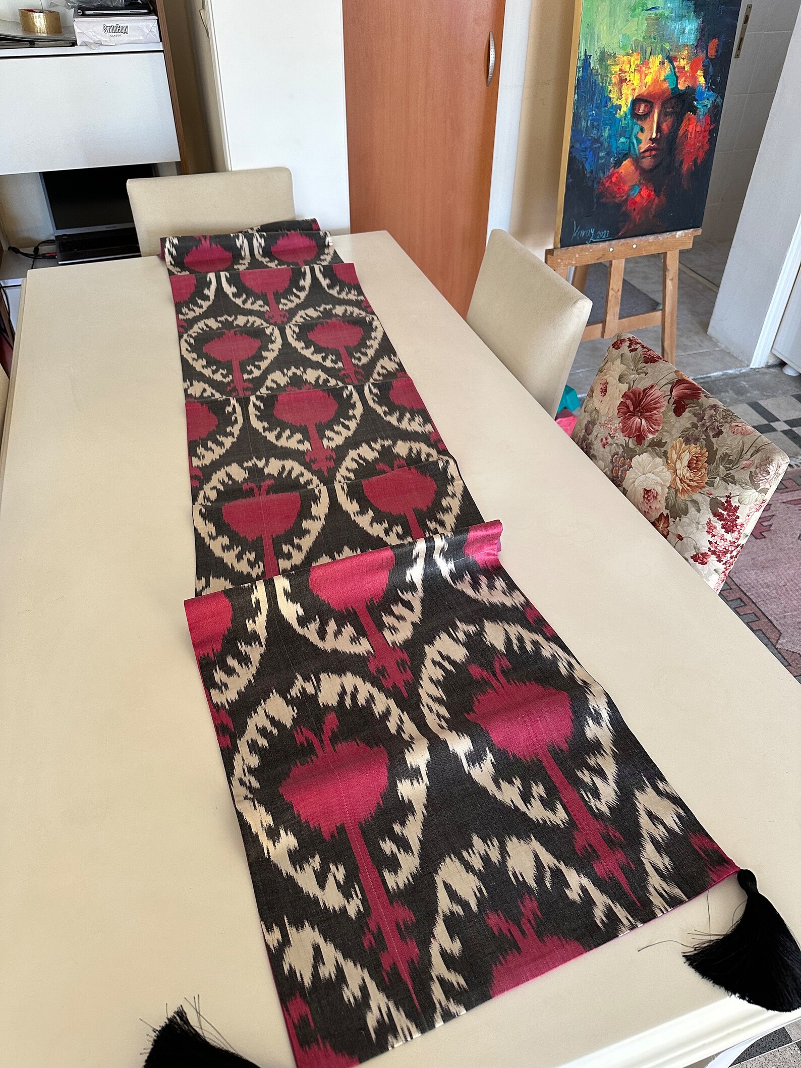 Silk Uzbek Ikat Table Decor | Table Runner With Black Tassel | Rustic ...