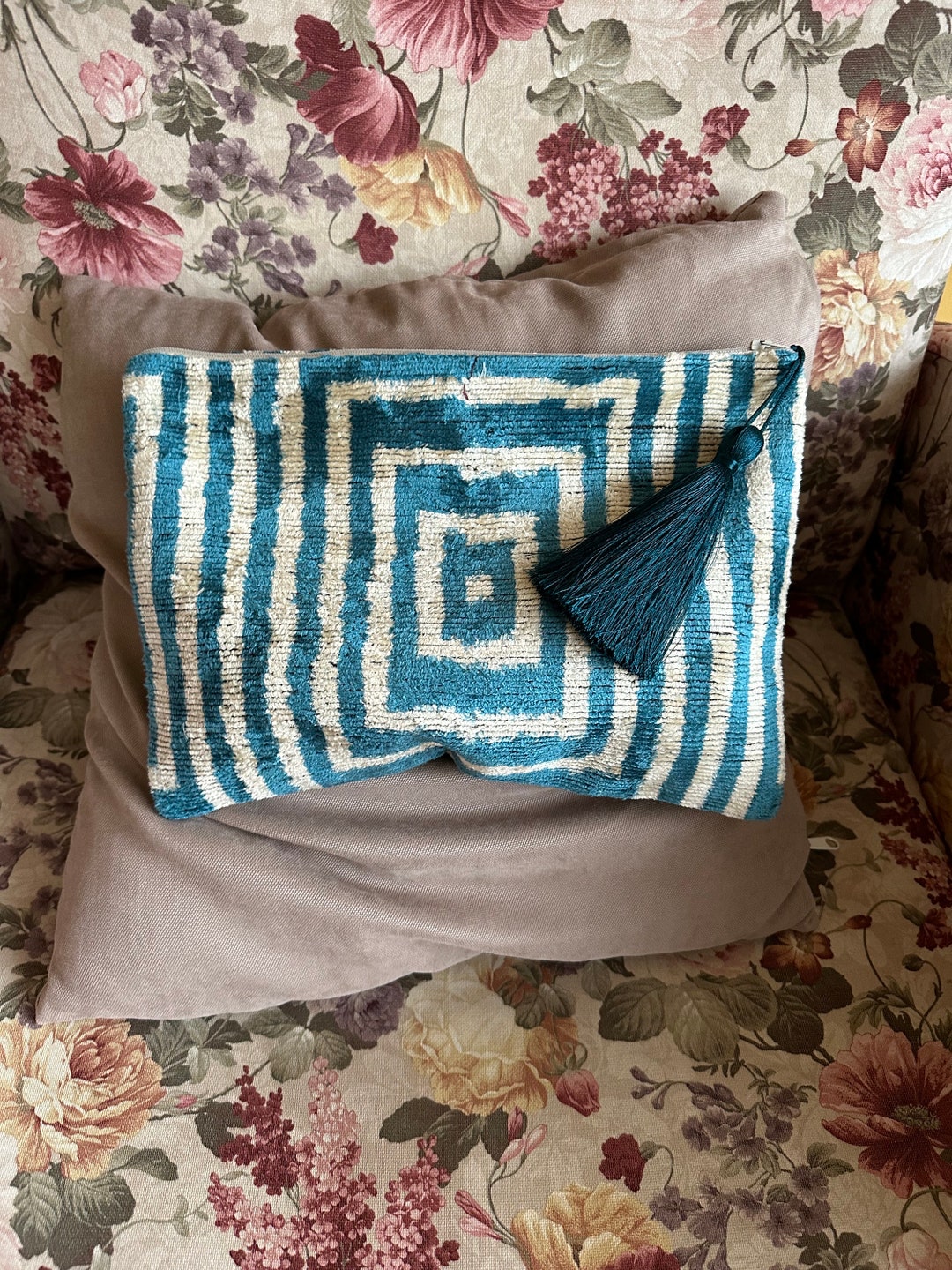 Handwoven Silk Ikat Velvet Fabric Pouch: Blue Greek Key Purse With ...