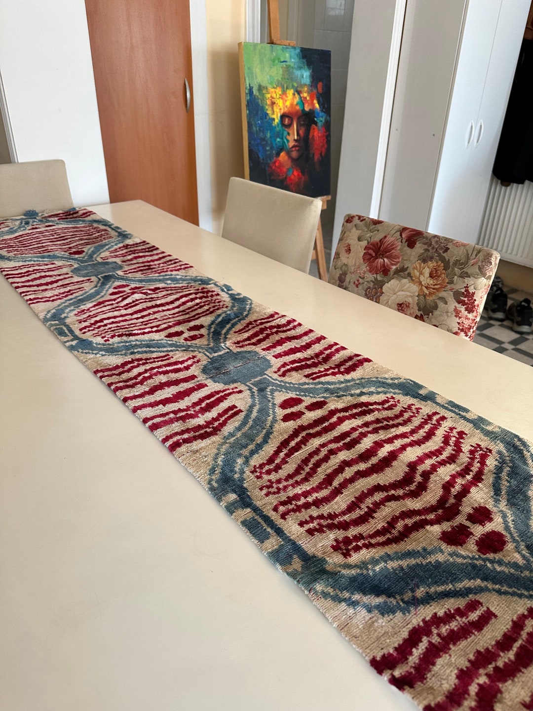Handwoven Uzbek Silk Velvet Ikat Table Runner: Red Blue Traditional Fabric - Etsy