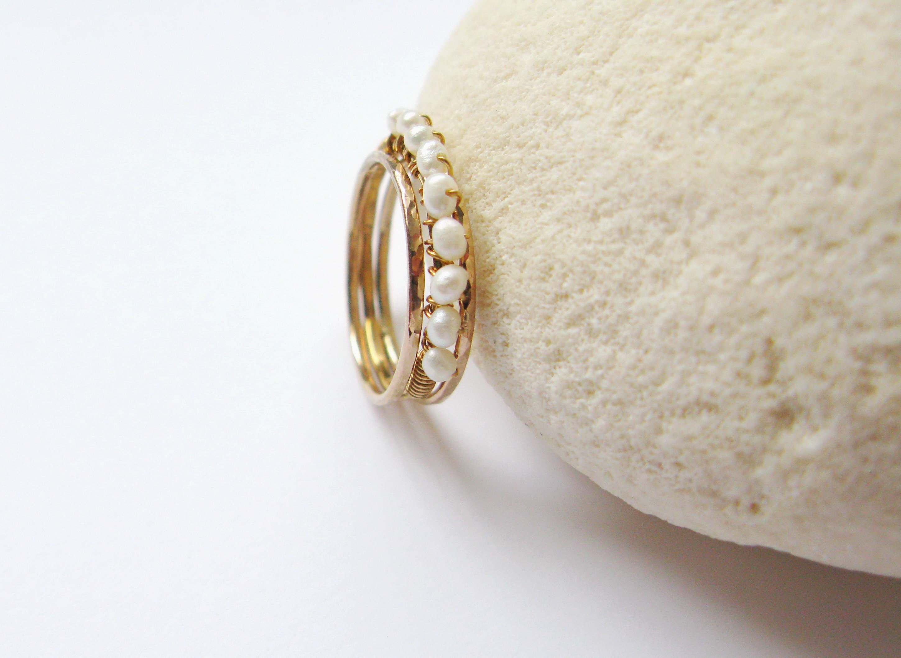 Gold Seed Pearl Ring Set of 3-tiny Pearl Band-dainty Pearl | Etsy