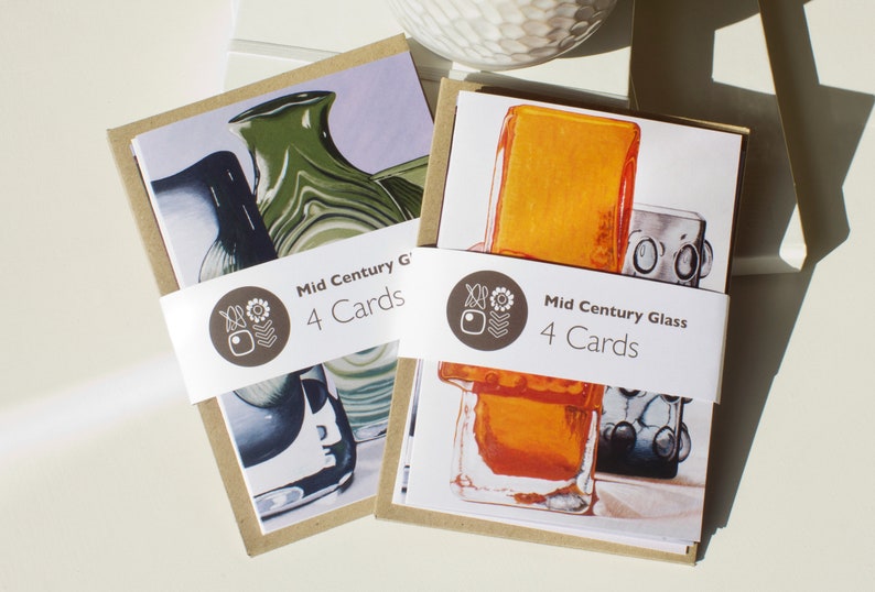 4 Mid Century Glass Cards, Pack of 4 Cards, Gouache Painting ...