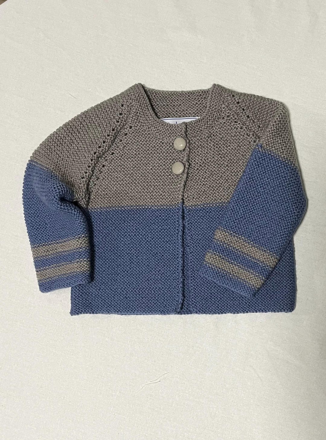Hand Knitted Two Colour Raglan Cardigan With Matching Covered Buttons ...