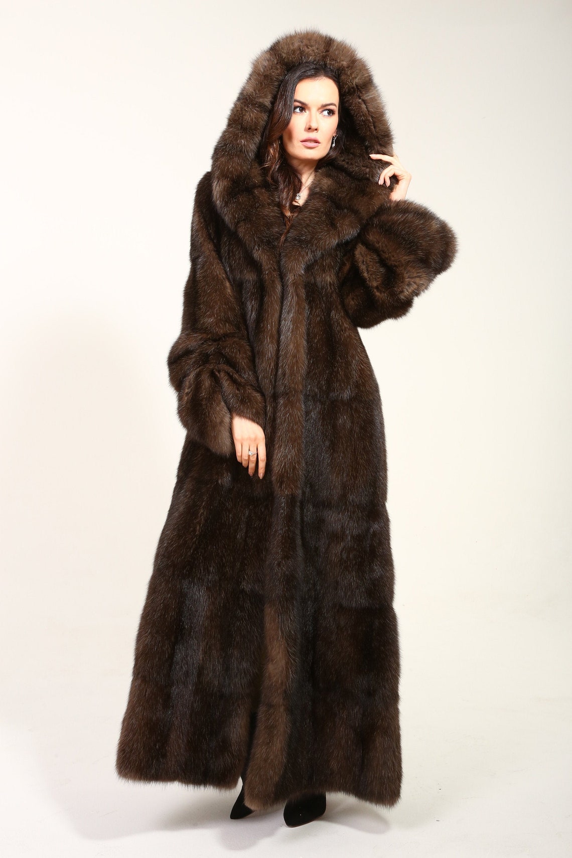 Long Manteau De Fourrure De Sable Russe Avec Capuche Etsy France