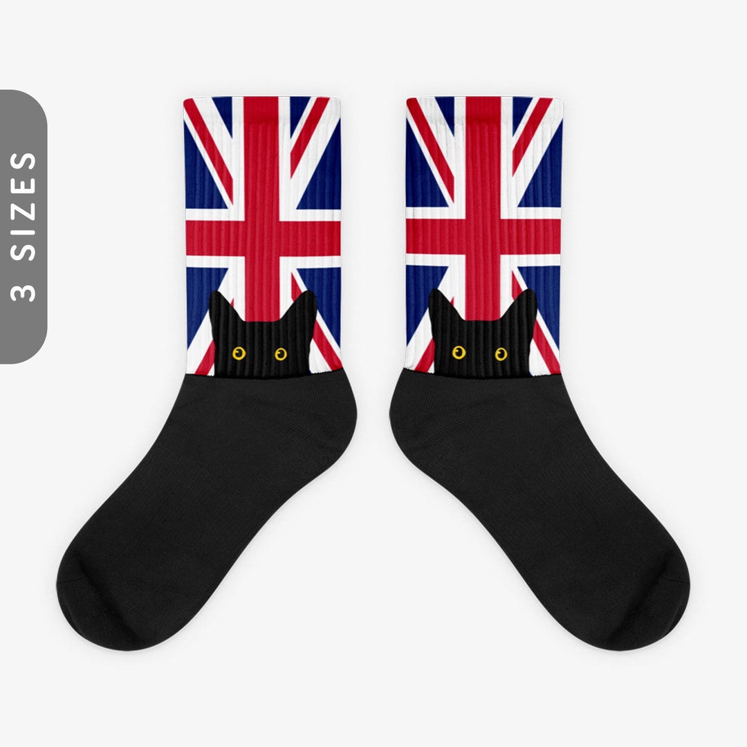 Peeking Cat in Union Jack Flag Socks | Black Foot Sublimated Socks ...