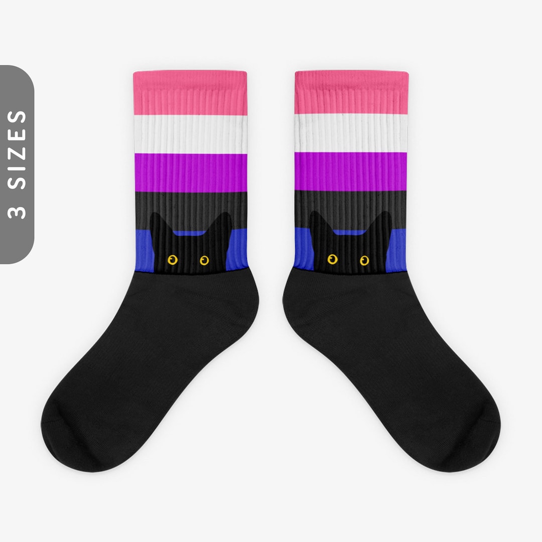 Peeking Cat in Genderfluid Flag Colors | Black Foot Sublimated Socks ...