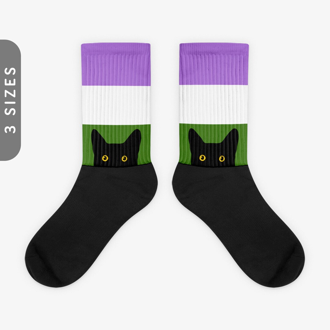 Peeking Cat in Genderqueer Flag Colors | Black Foot Sublimated Socks ...