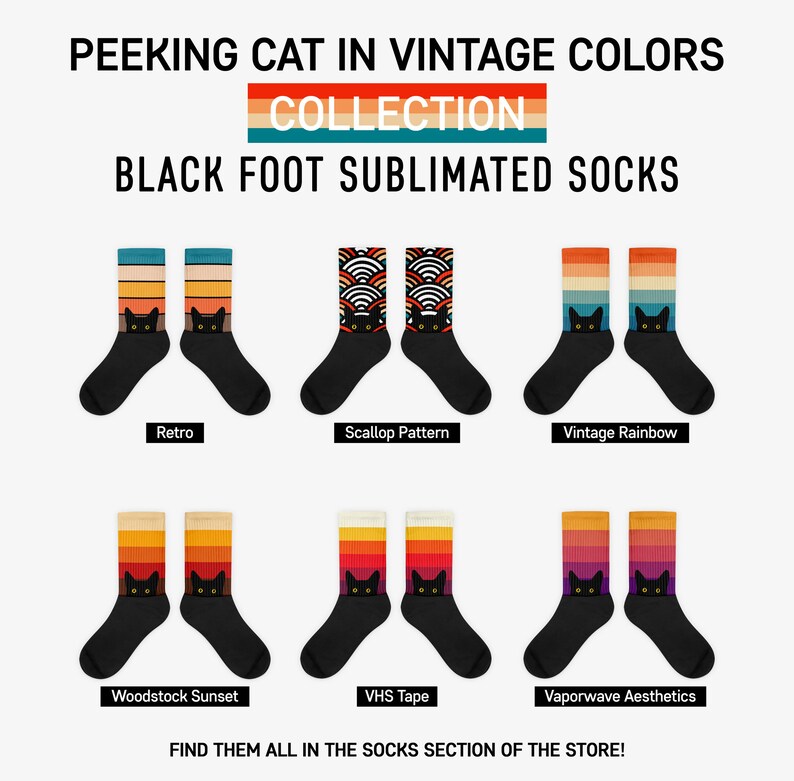 Peeking Cat in Vaporwave Aesthetics | Black Foot Sublimated Socks - Etsy